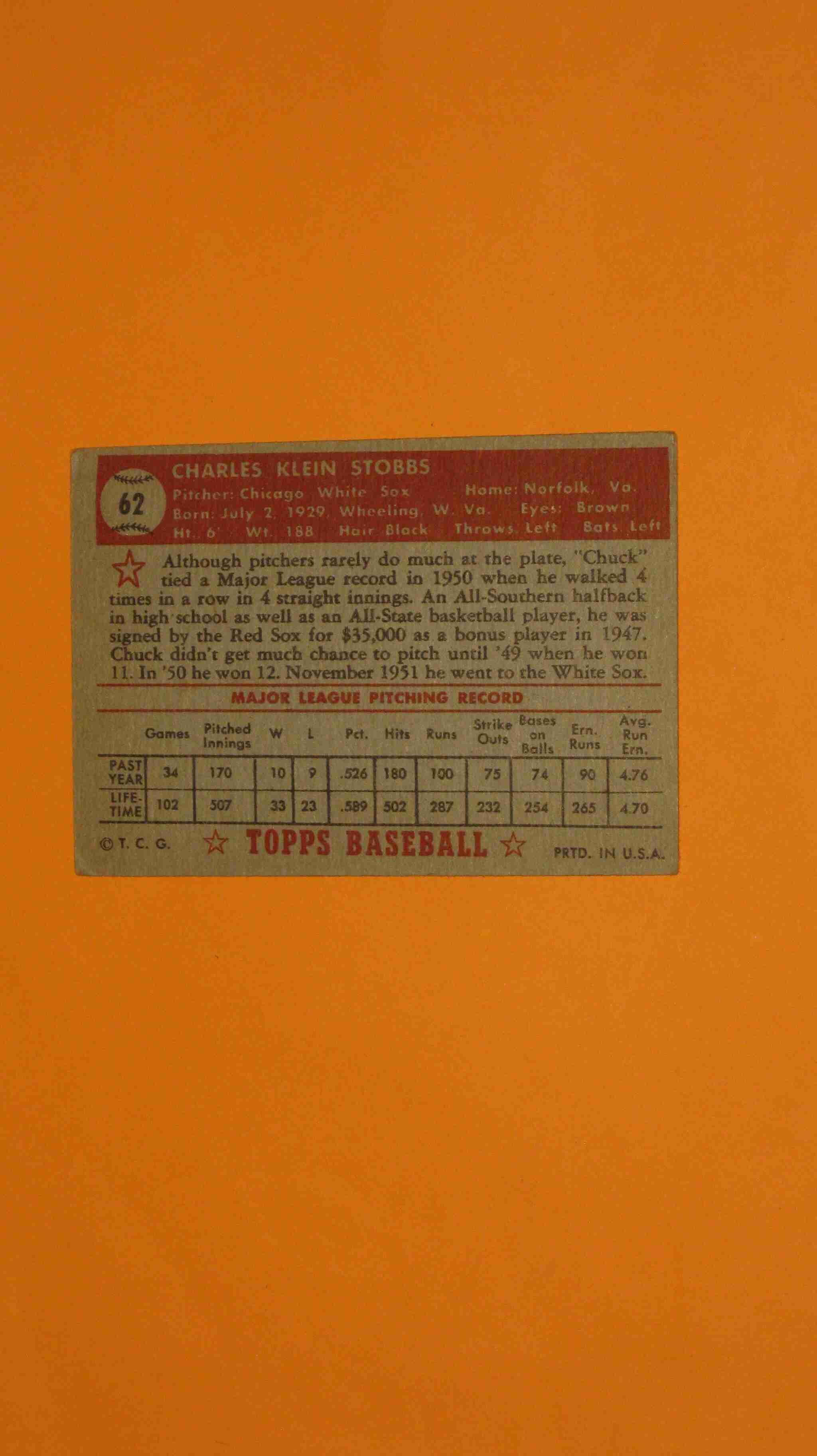 Sportlots Auctions: 1952 Topps Chuck Stobbs #62 Chicago White Sox NICE